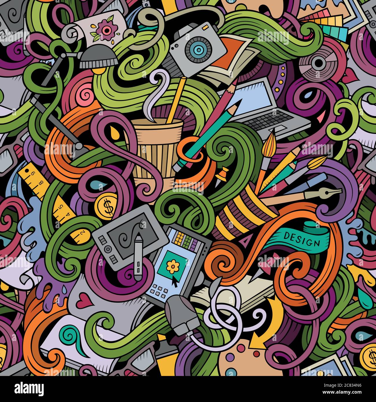 Cartoon hand-drawn doodles on the subject of Design seamless pattern ...