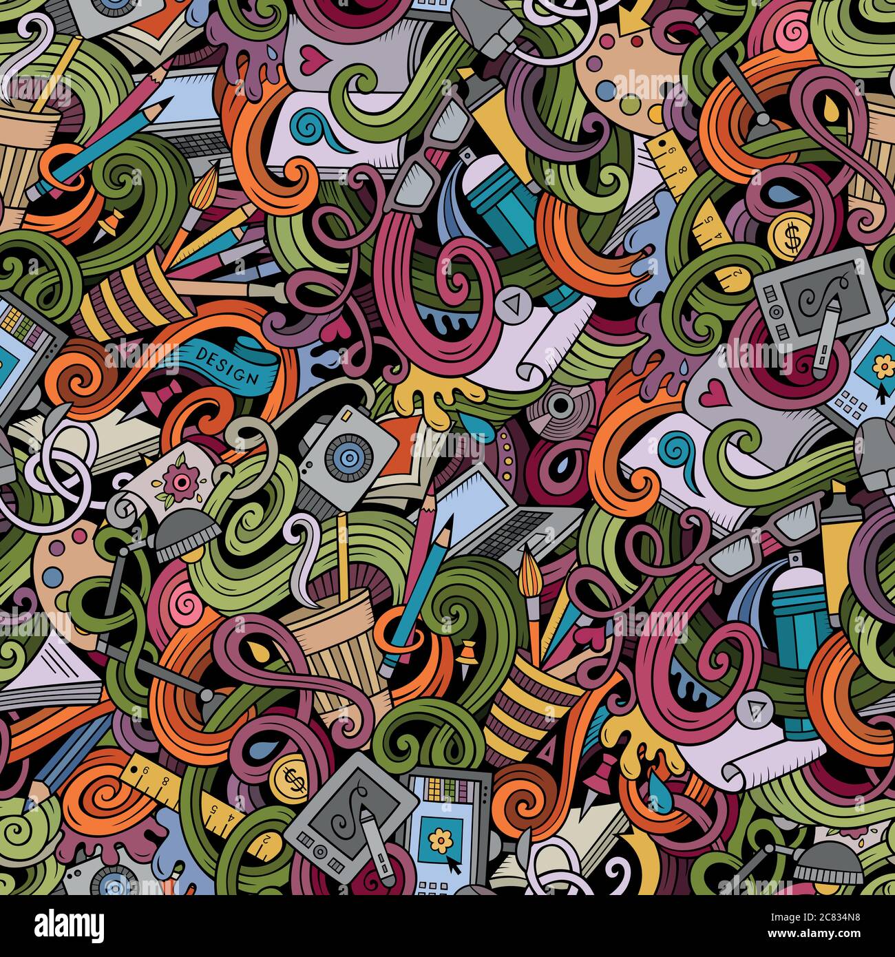Cartoon hand-drawn doodles on the subject of Design seamless pattern ...