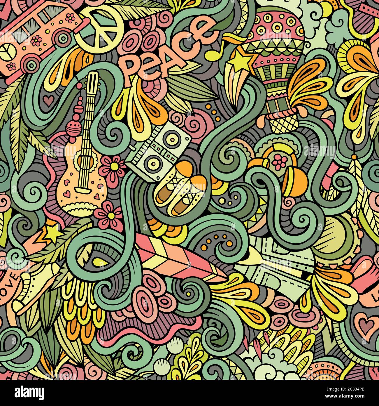 Cartoon hand-drawn Doodles on the subject of Hippie style theme Stock ...