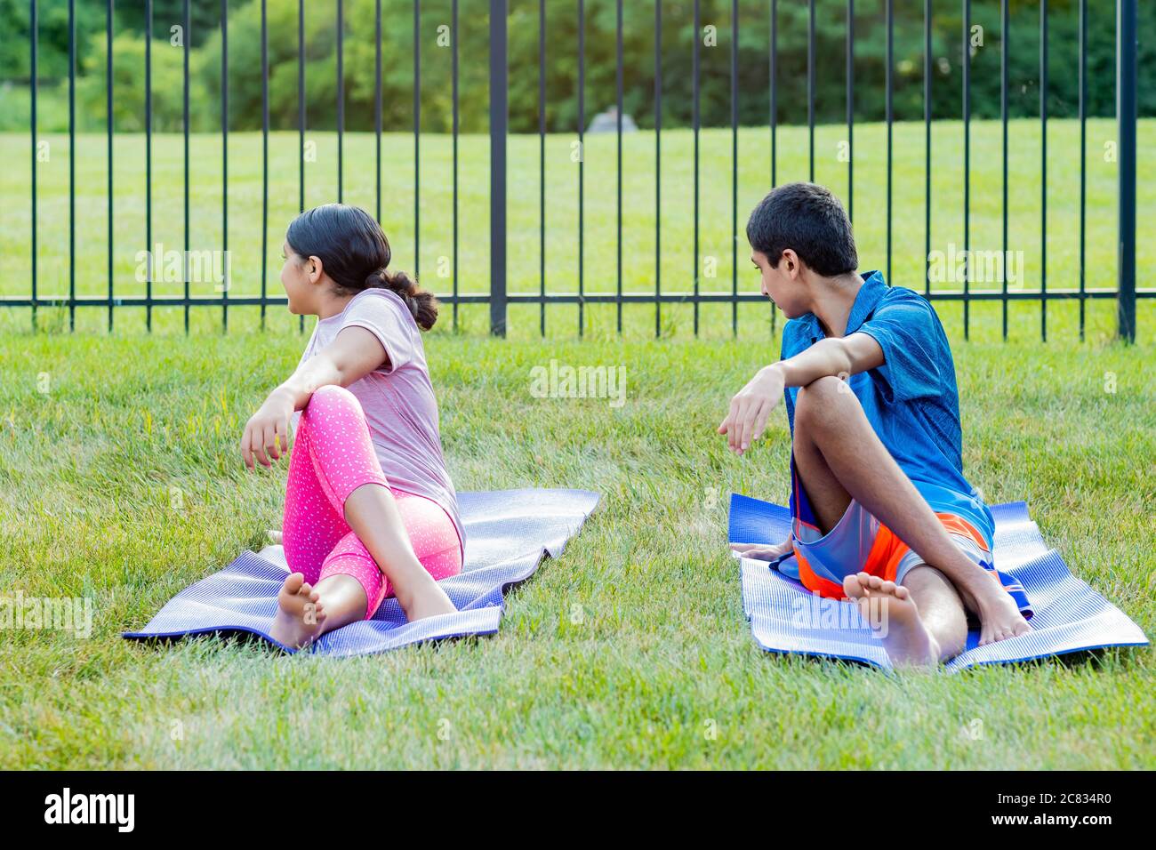 Siblings Practicing Yoga Outdoors in the Morning Stock Photo - Alamy