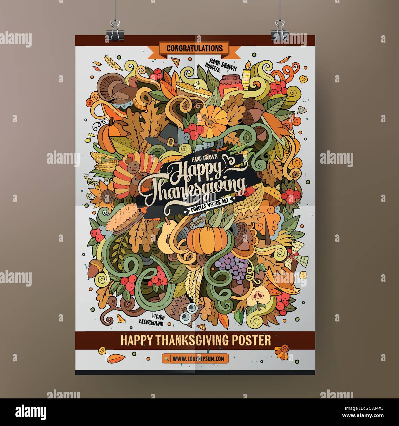 Doodles cartoon colorful Happy Thanksgiving hand drawn illustration ...