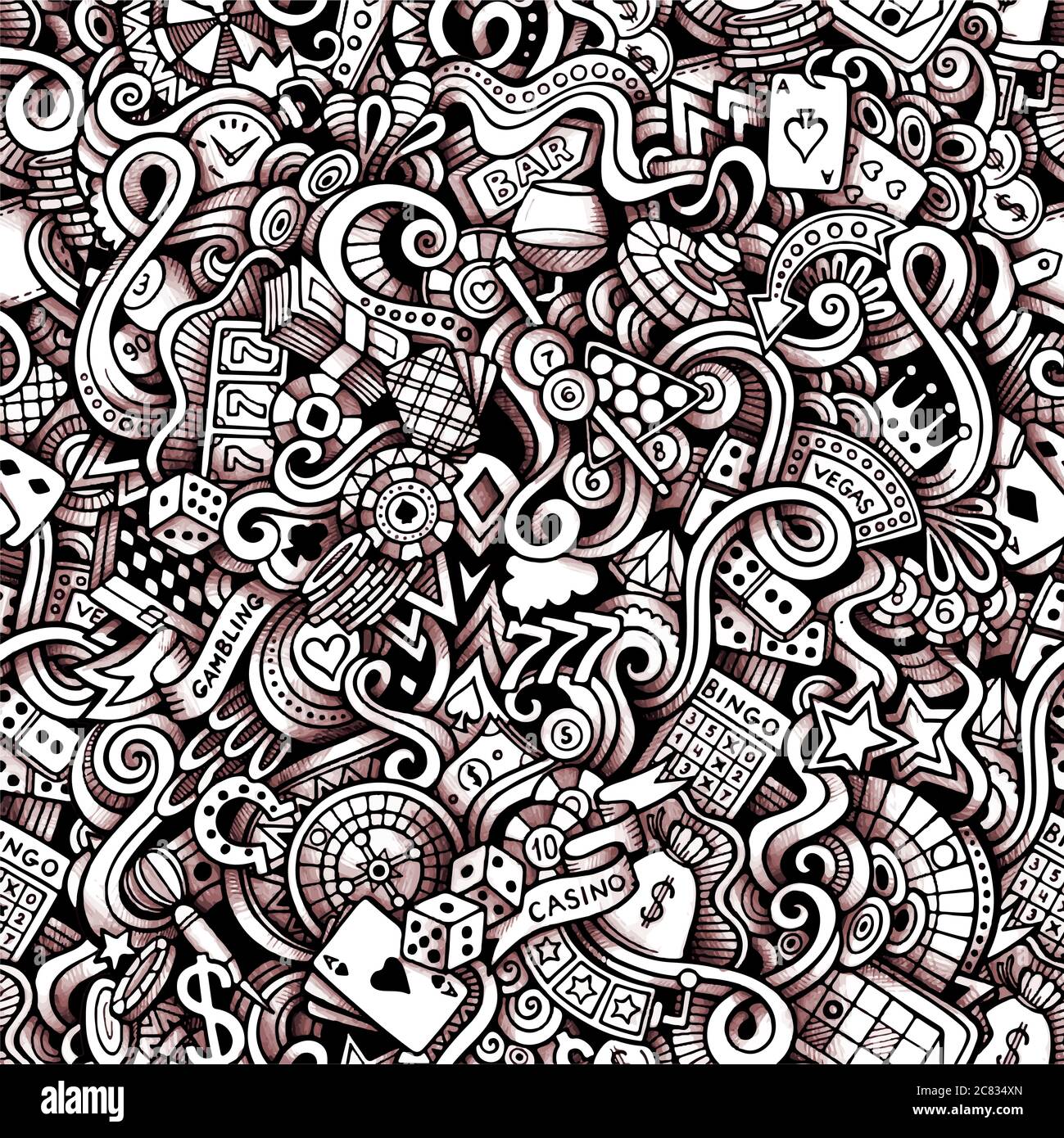 Cartoon hand-drawn doodles on the subject of Casino style theme Stock ...