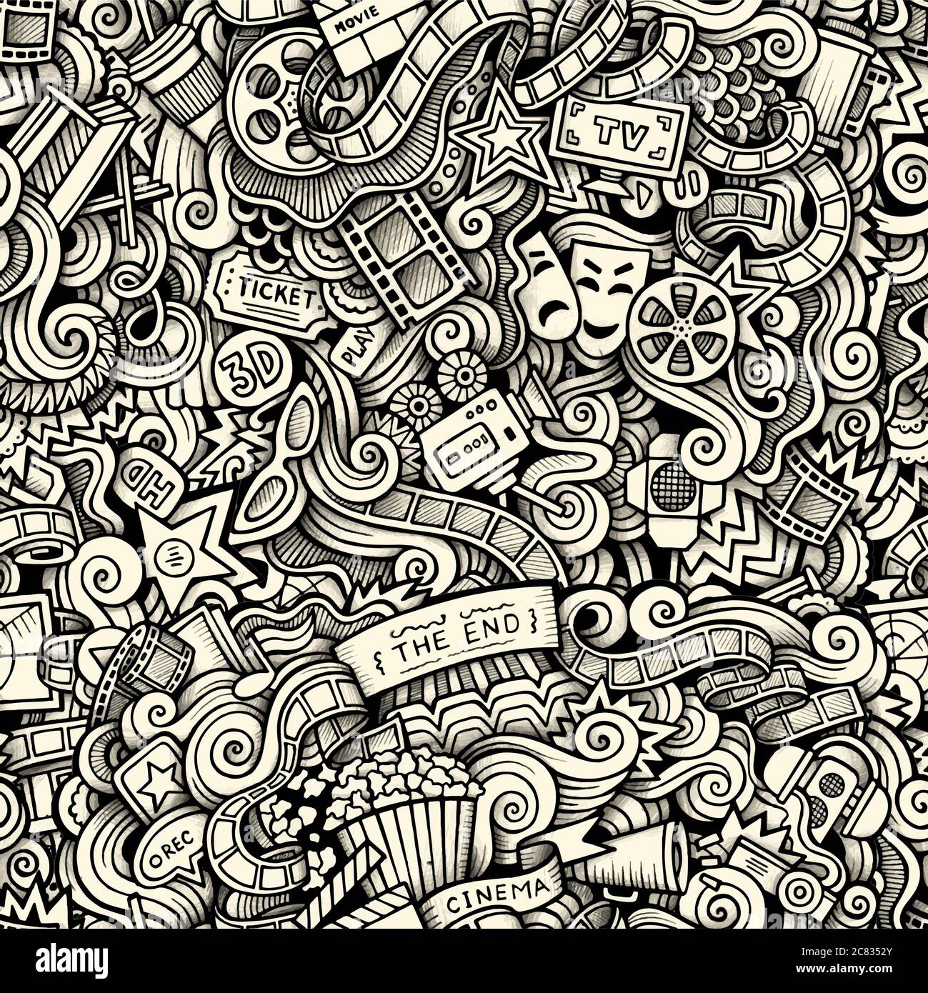 Cartoon hand-drawn doodles on the subject of Cinema style theme Stock ...