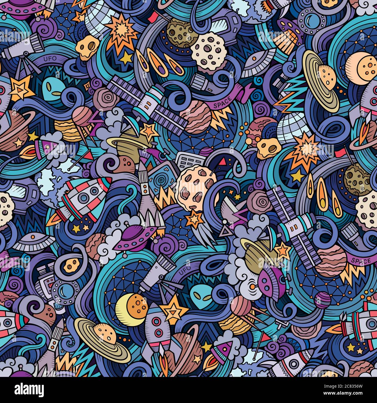 Cartoon hand-drawn doodles on the subject of space seamless pattern ...