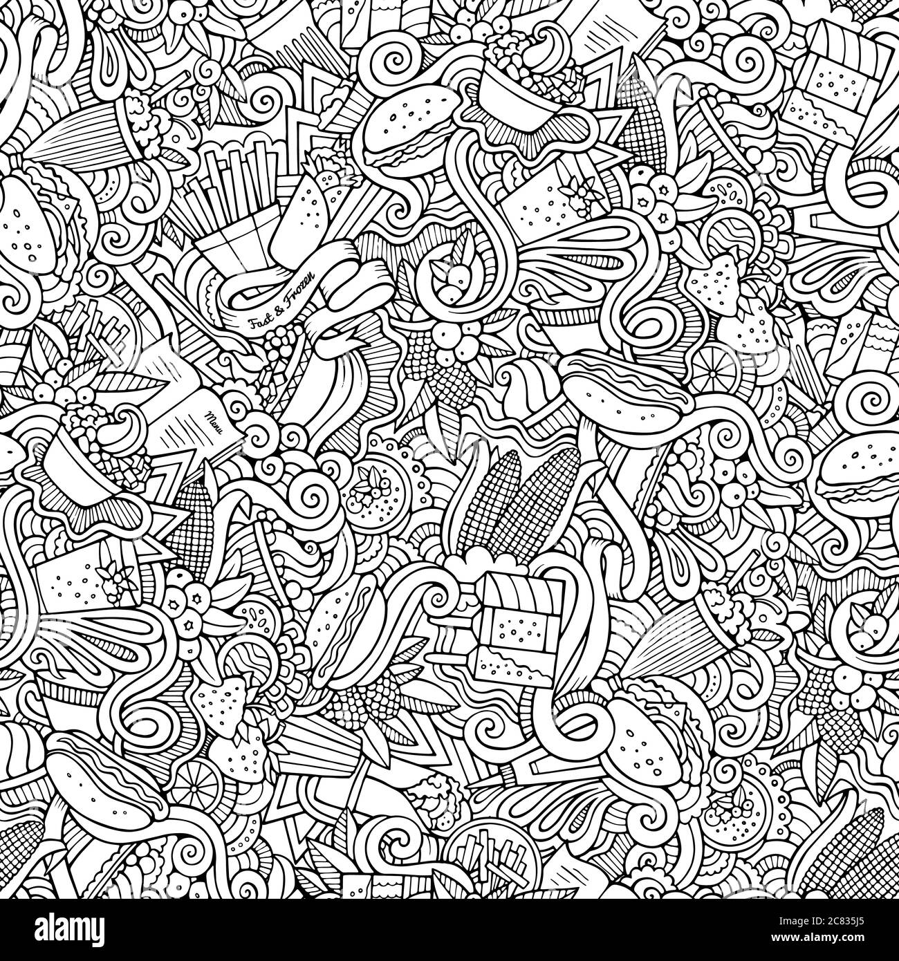 Cartoon vector hand-drawn Doodles on the subject of fast food Stock ...