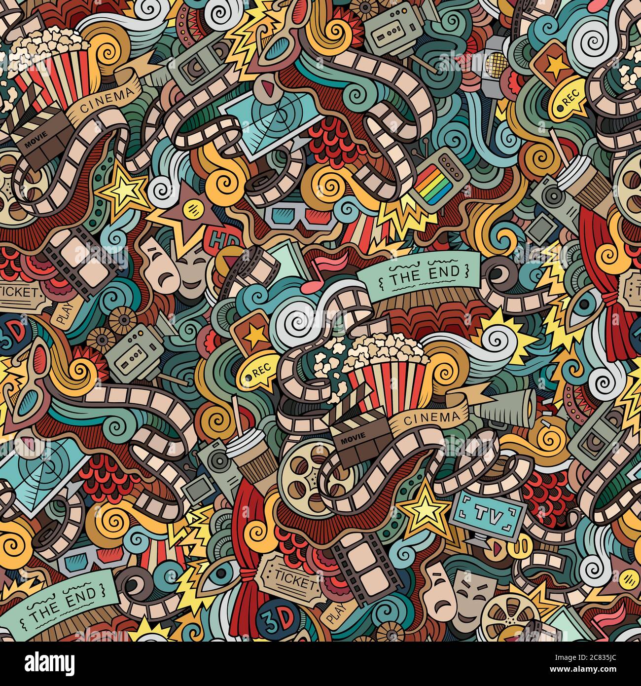 Cartoon doodles hand drawn cinema, movie, film seamless pattern Stock ...