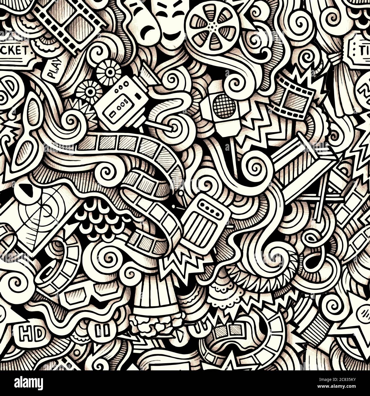 Cartoon hand-drawn doodles on the subject of Cinema style theme Stock ...