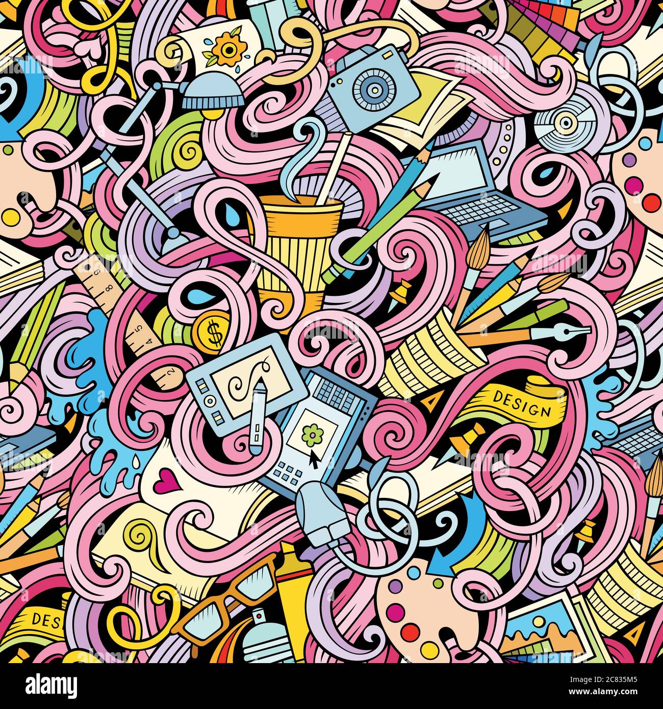 Cartoon hand-drawn doodles on the subject of Design seamless pattern ...