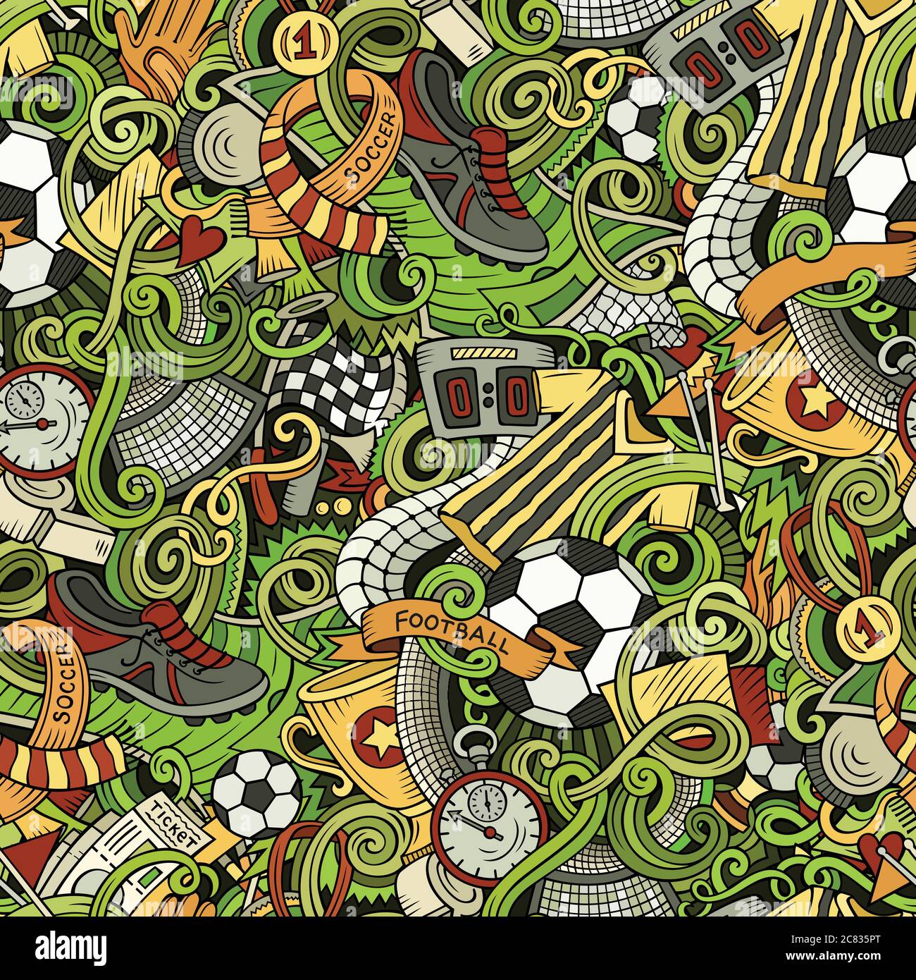 Cartoon cute doodles hand drawn Soccer seamless pattern Stock Vector ...