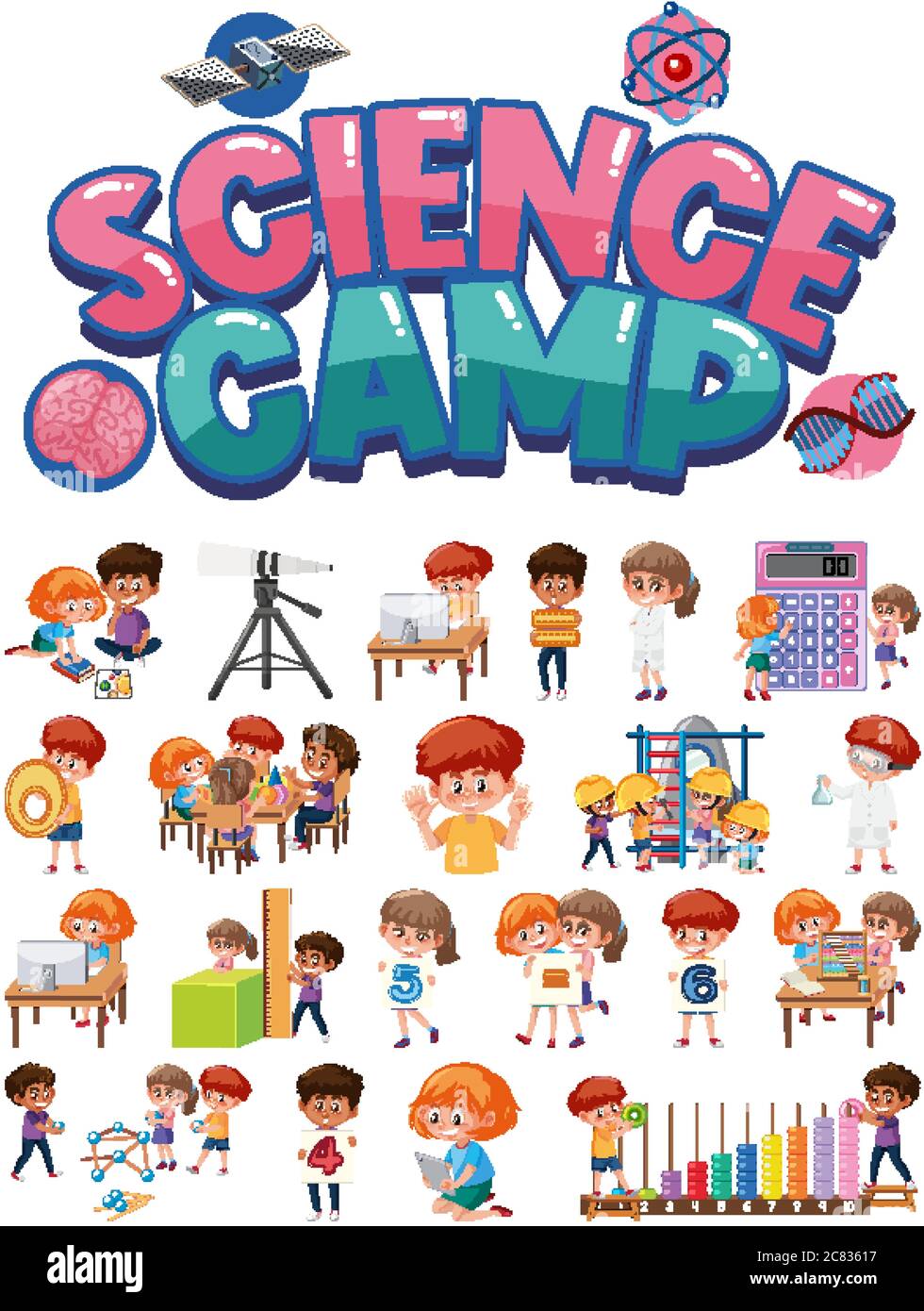 Science camp logo and set of children with education objects isolated ...