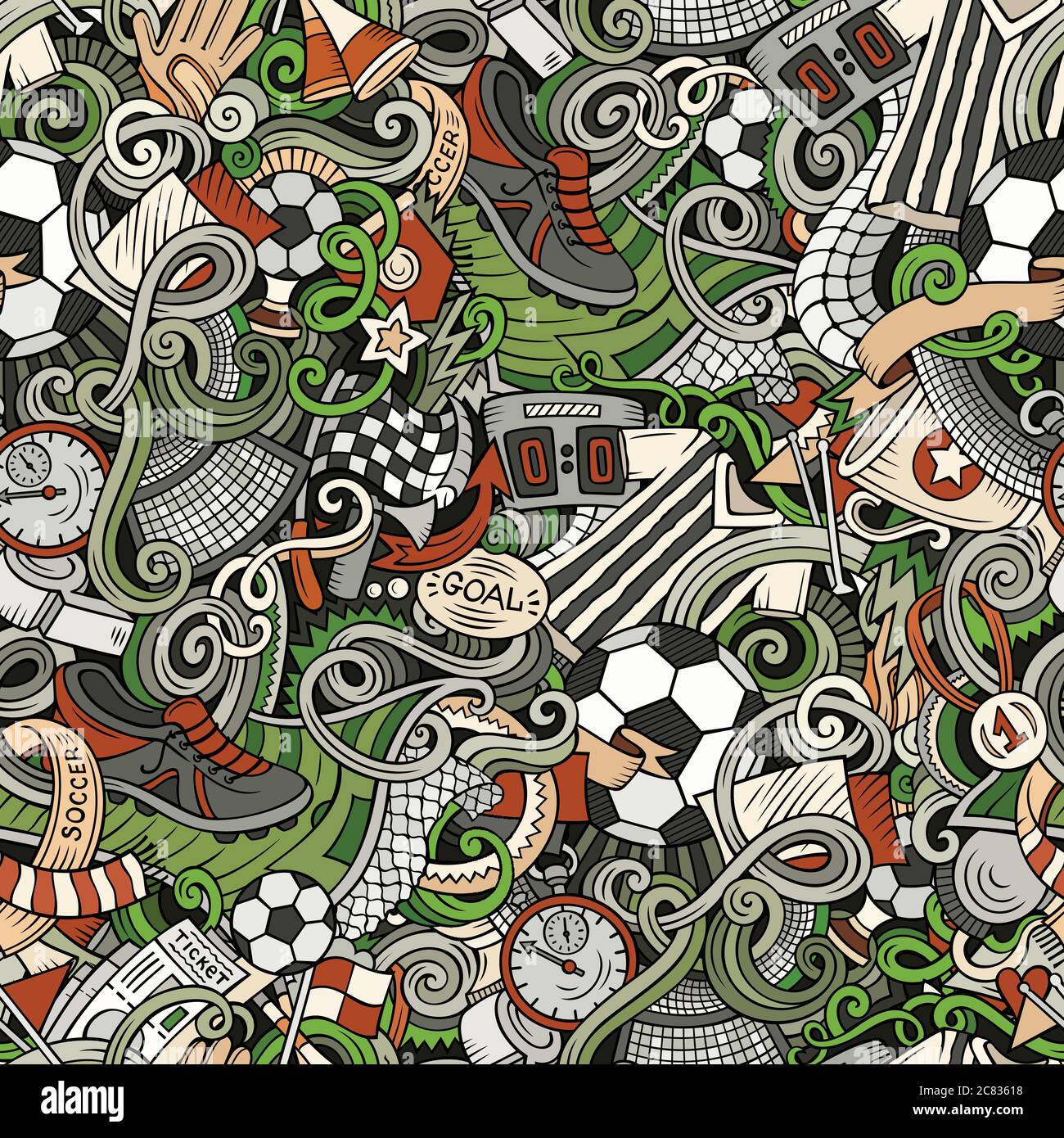 Cartoon cute doodles hand drawn Soccer seamless pattern Stock Vector ...