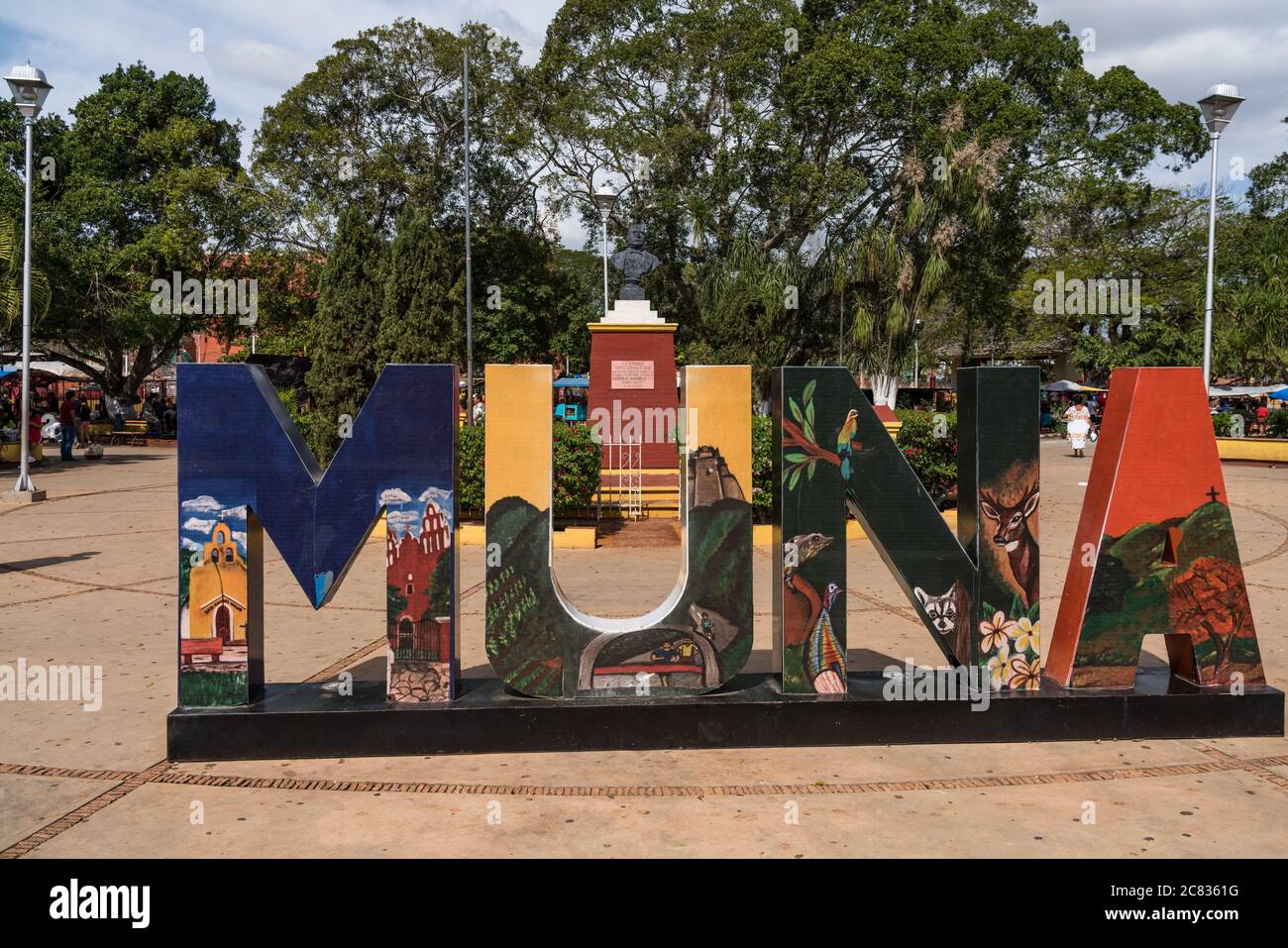 The colorful town sign in the plaza for Muna, Yucatan, Mexico Stock ...
