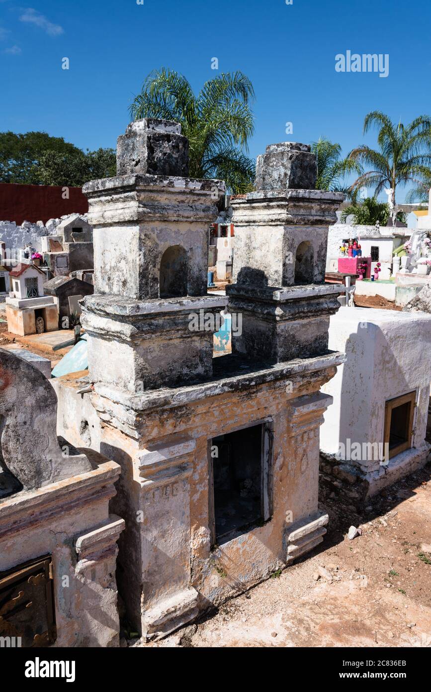 Colorful gravestones in a cemetery at Cacalchen, Yucatan, Mexico Stock ...