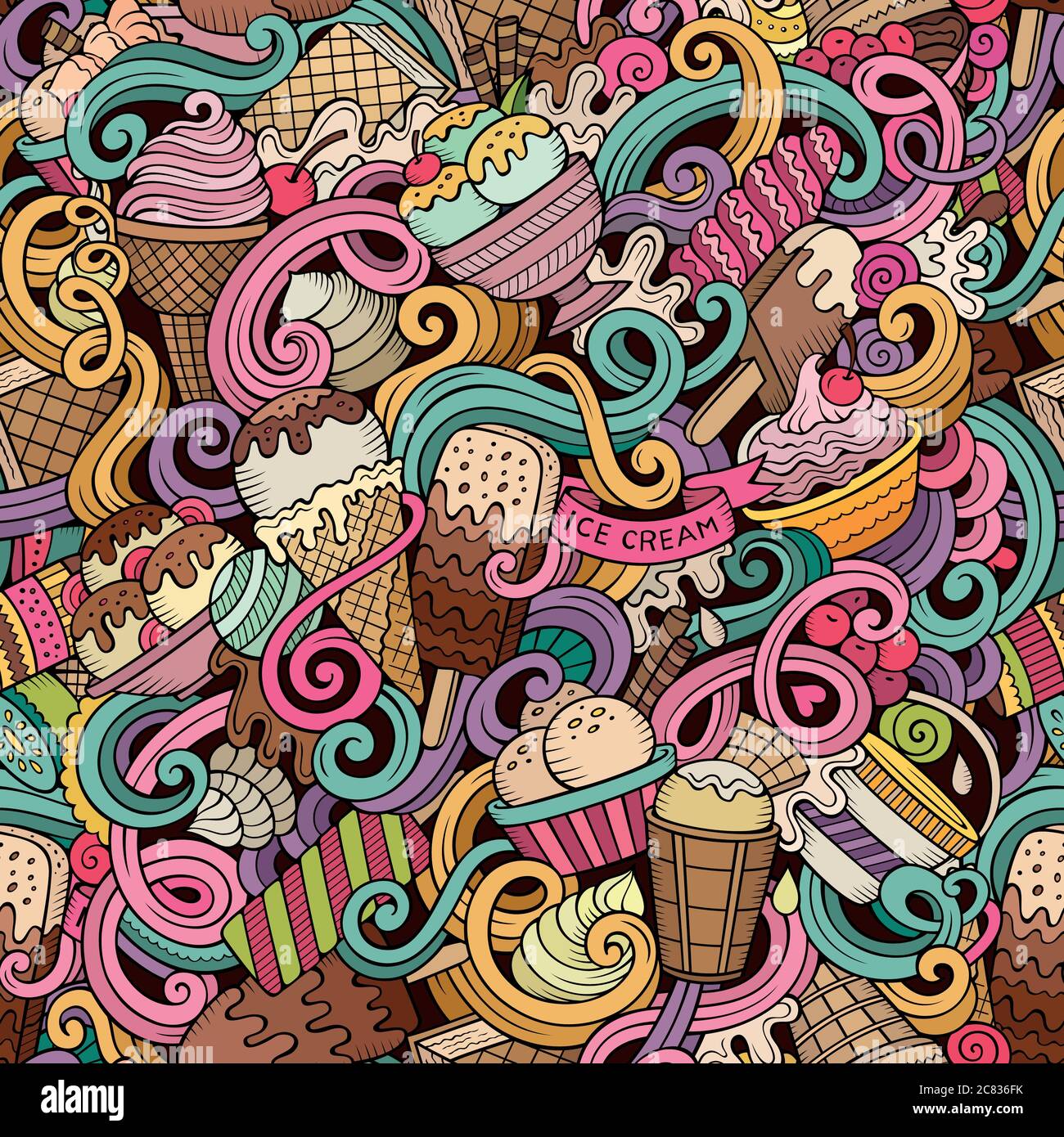 Cartoon Hand Drawn Ice Cream Doodles Seamless Pattern Stock Vector