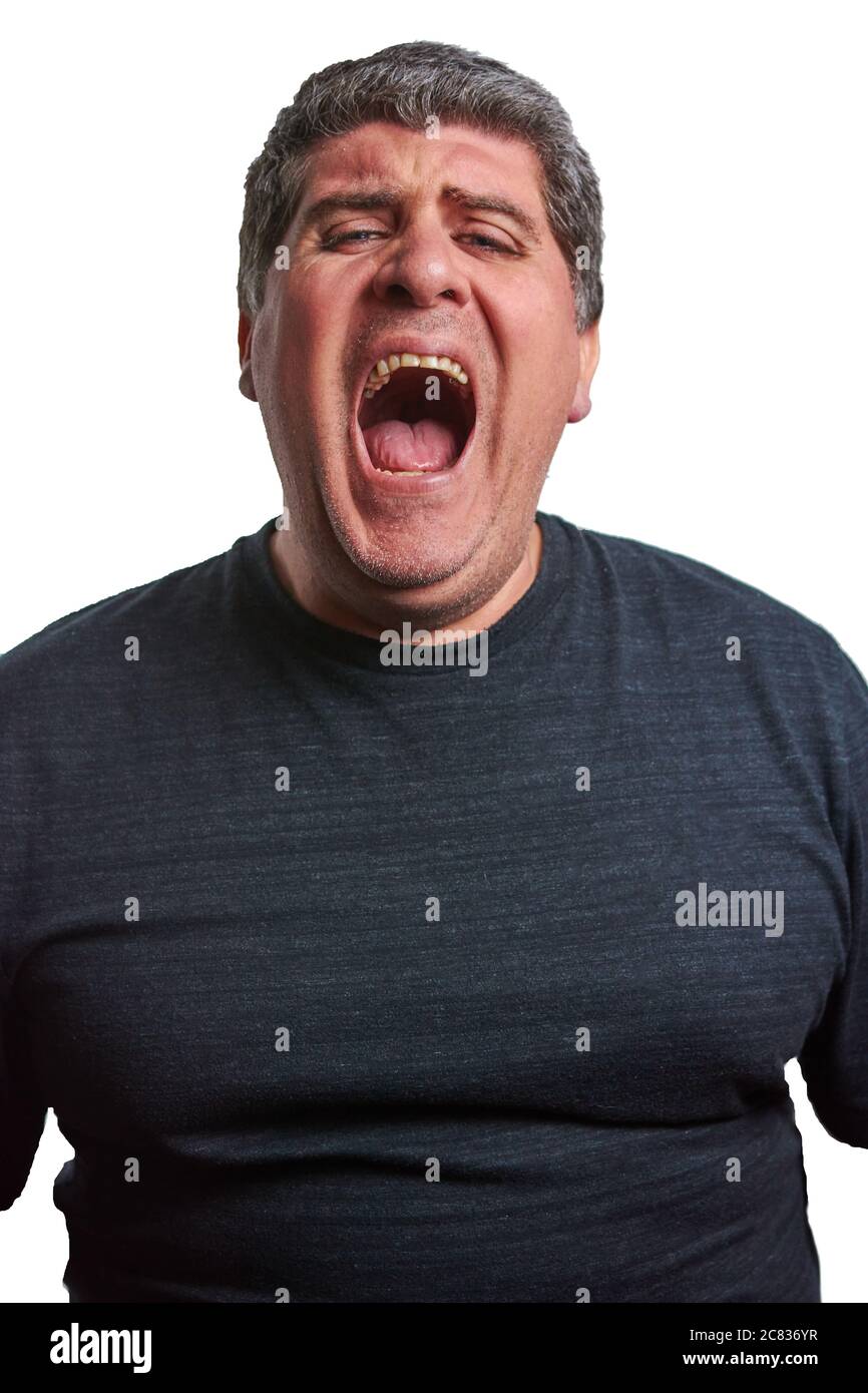 Man Shouting in Black T-shirt on White Background Stock Photo - Alamy