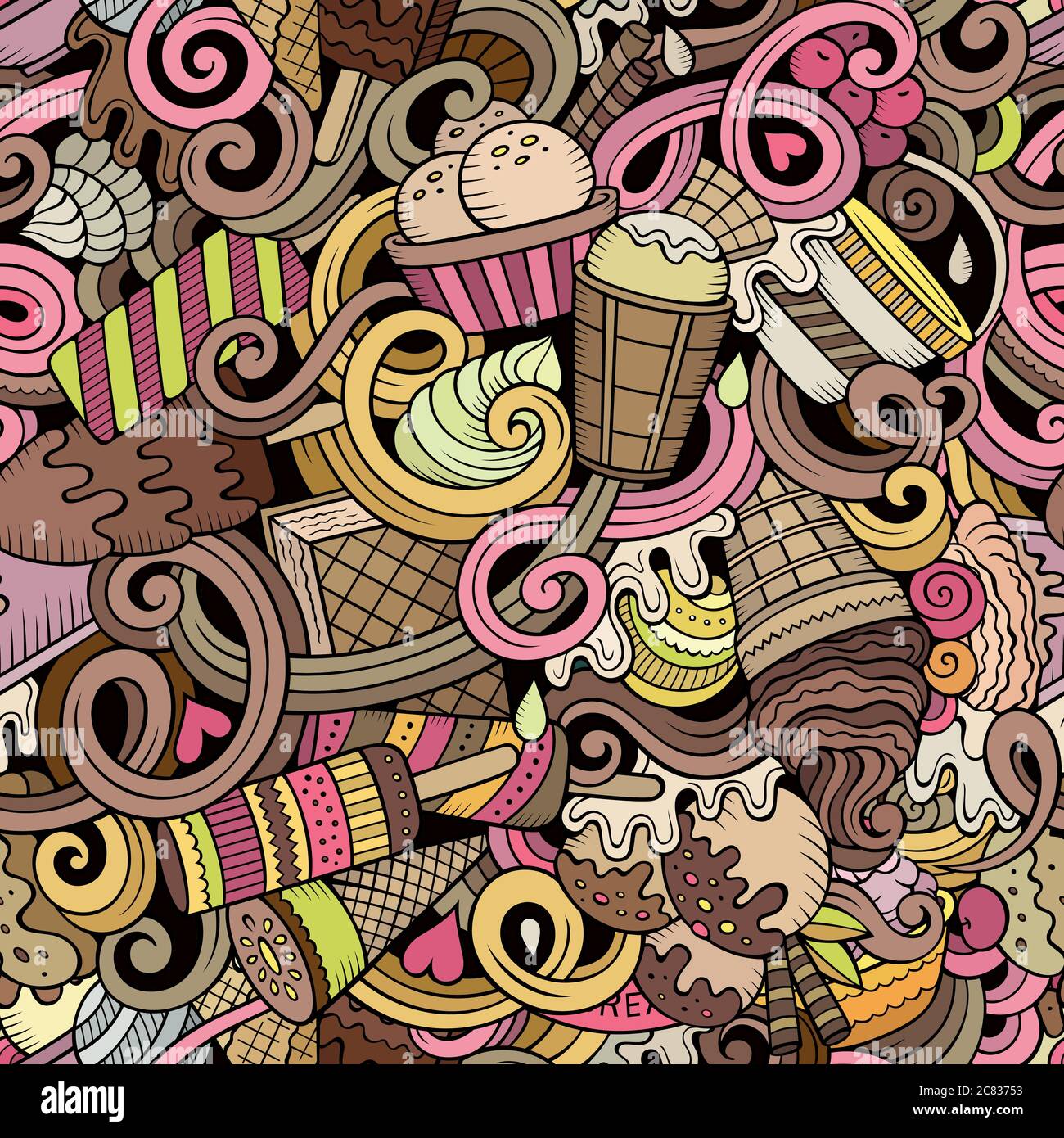 Cartoon Hand Drawn Ice Cream Doodles Seamless Pattern Stock Vector