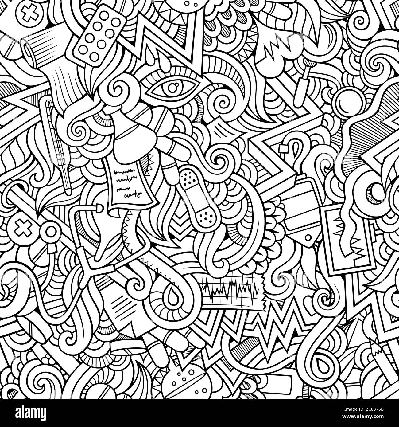 Cartoon hand-drawn doodles of medical seamless pattern Stock Vector ...