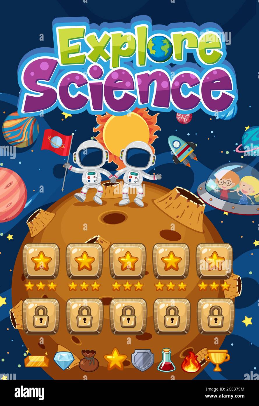 Explore science logo with planets in space game background scene ...
