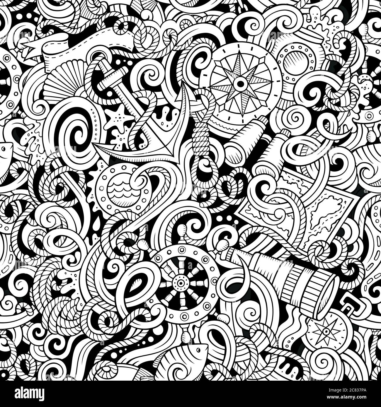 Cartoon hand-drawn nautical doodles seamless pattern Stock Vector Image ...