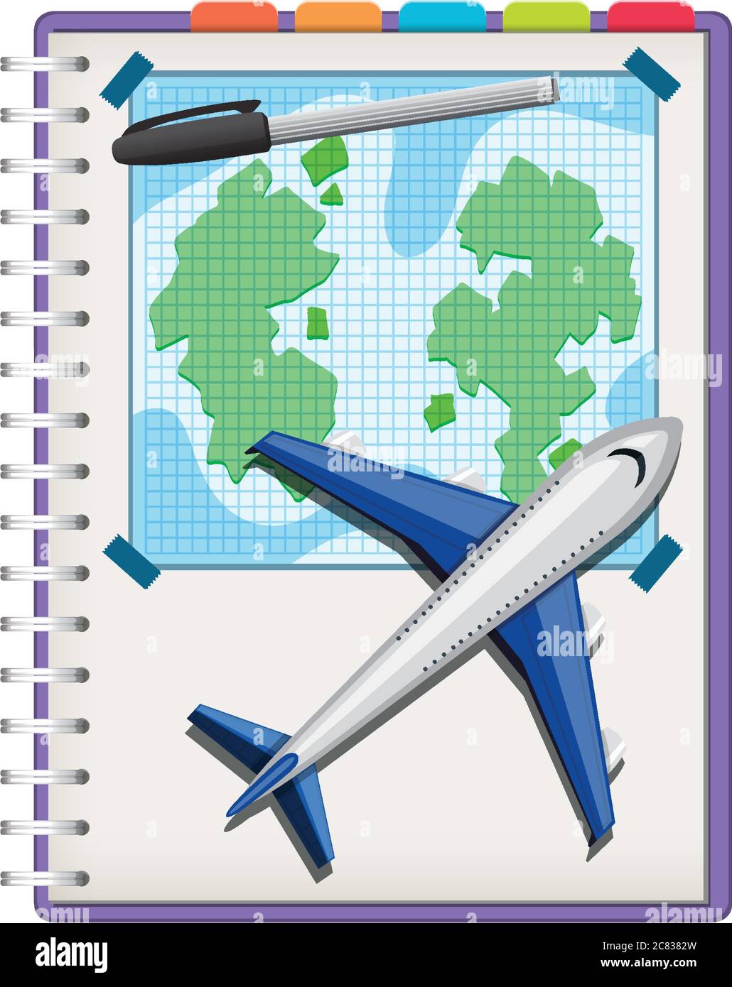 Plane and pen on notebook isolated on white background illustration ...