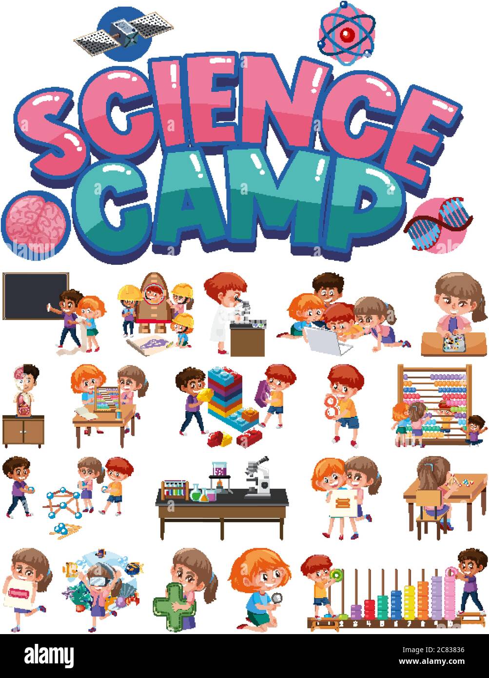 Science camp logo and set of children with education objects isolated ...