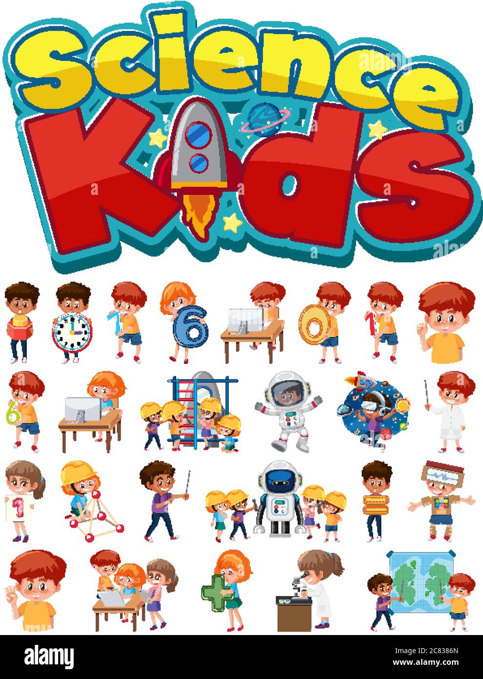 Science kids logo and set of children with education objects isolated ...