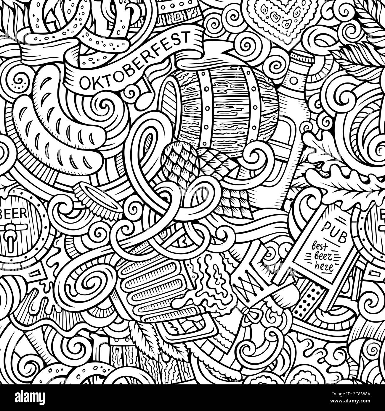Cartoon cute doodles hand drawn Octoberfest seamless pattern Stock ...