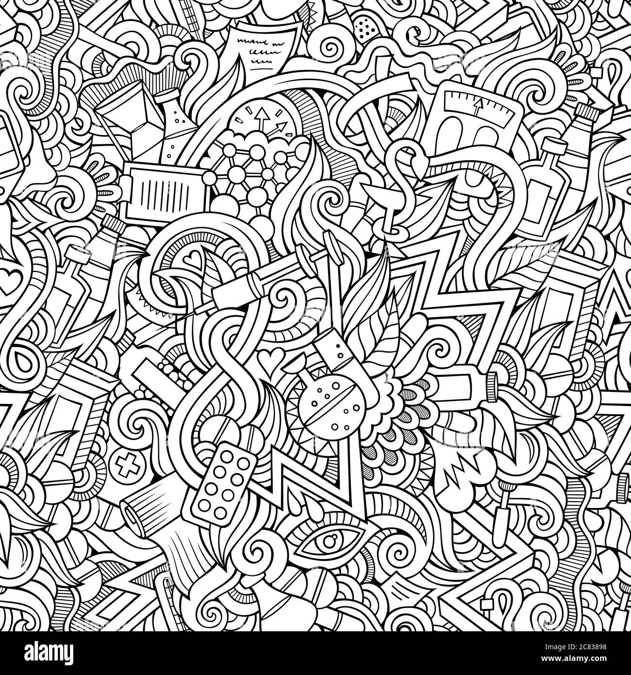 Cartoon hand-drawn doodles of medical seamless pattern Stock Vector ...