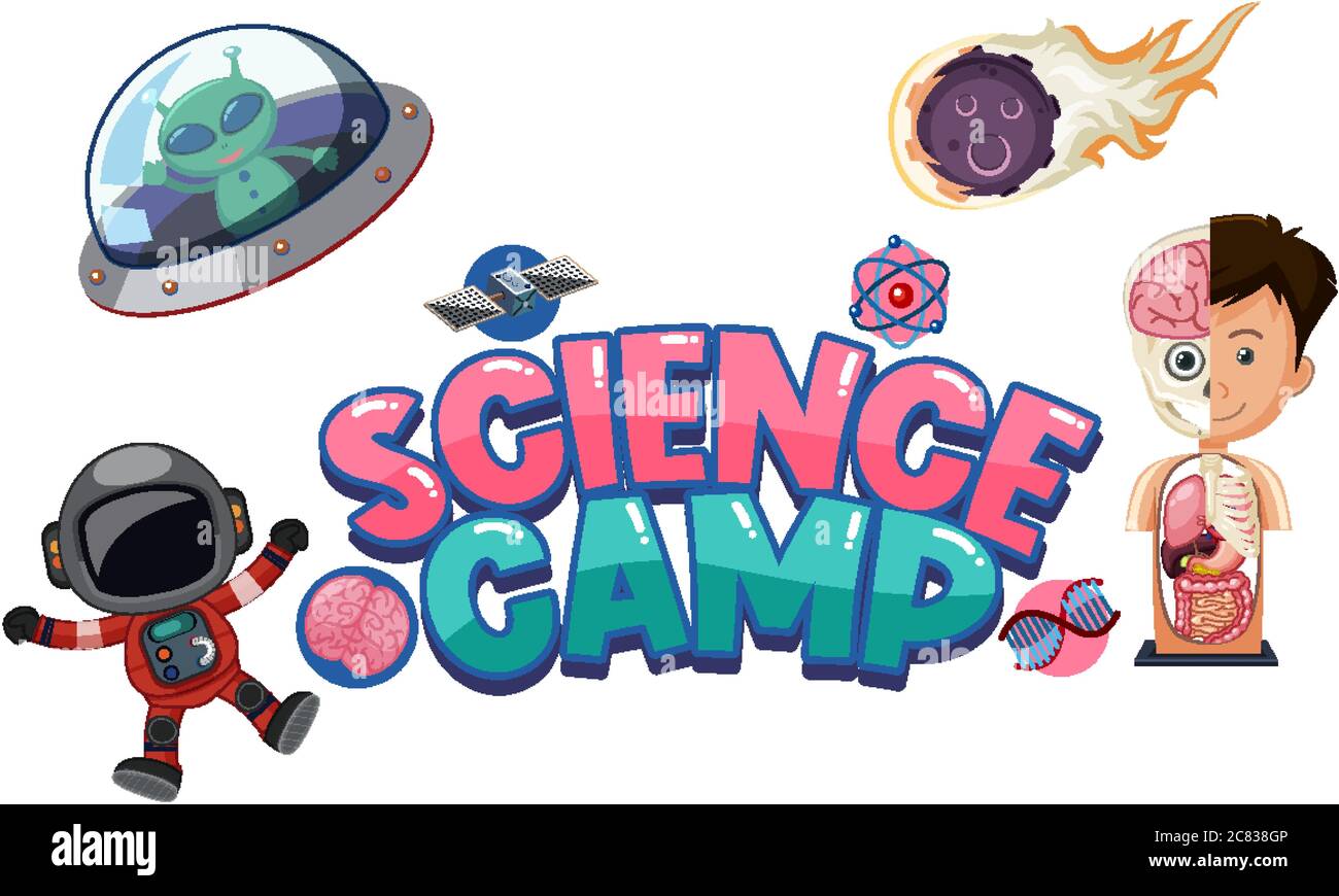 Science camp logo with science education objects isolated illustration ...