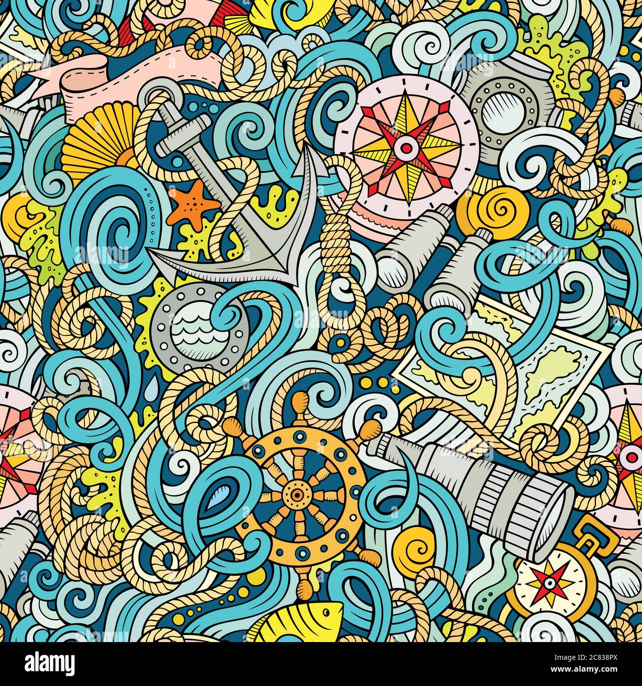 Cartoon hand-drawn nautical doodles seamless pattern Stock Vector Image ...