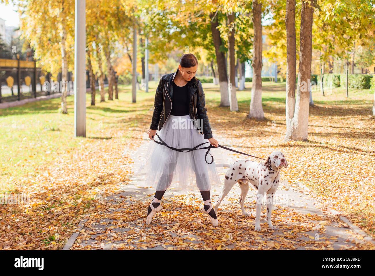 Ballerina with Dalmatian dog in the Park. Woman ballerina in a white ...