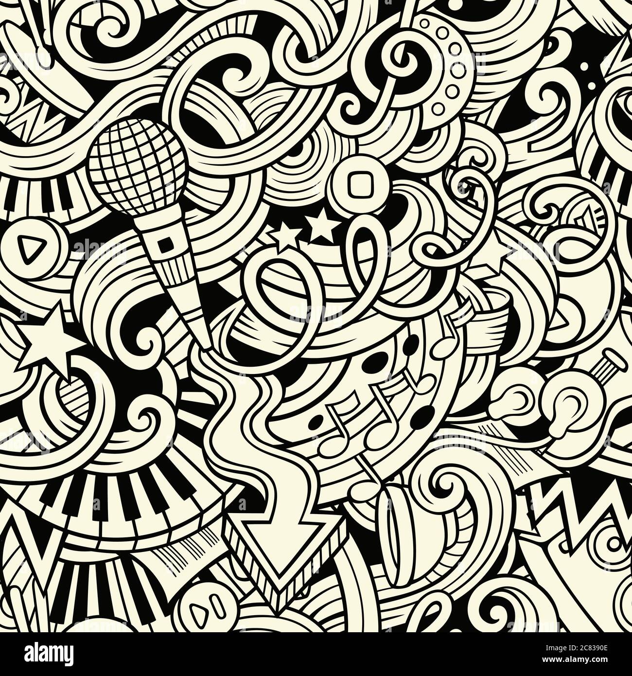 Cartoon hand-drawn doodles music seamless pattern Stock Vector Image ...