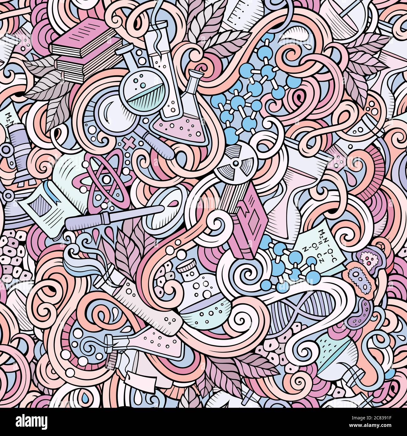 Cartoon hand-drawn science doodles seamless pattern Stock Vector Image ...