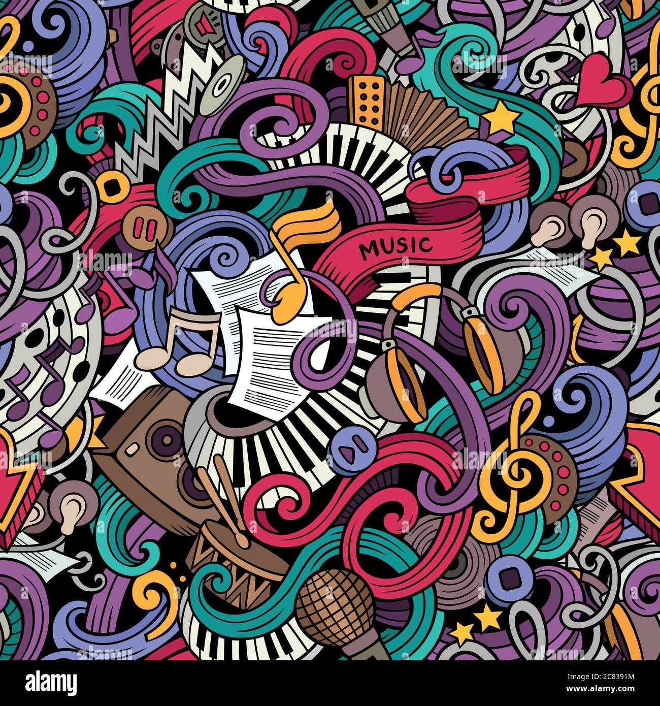 Cartoon hand-drawn doodles music seamless pattern Stock Vector Image ...