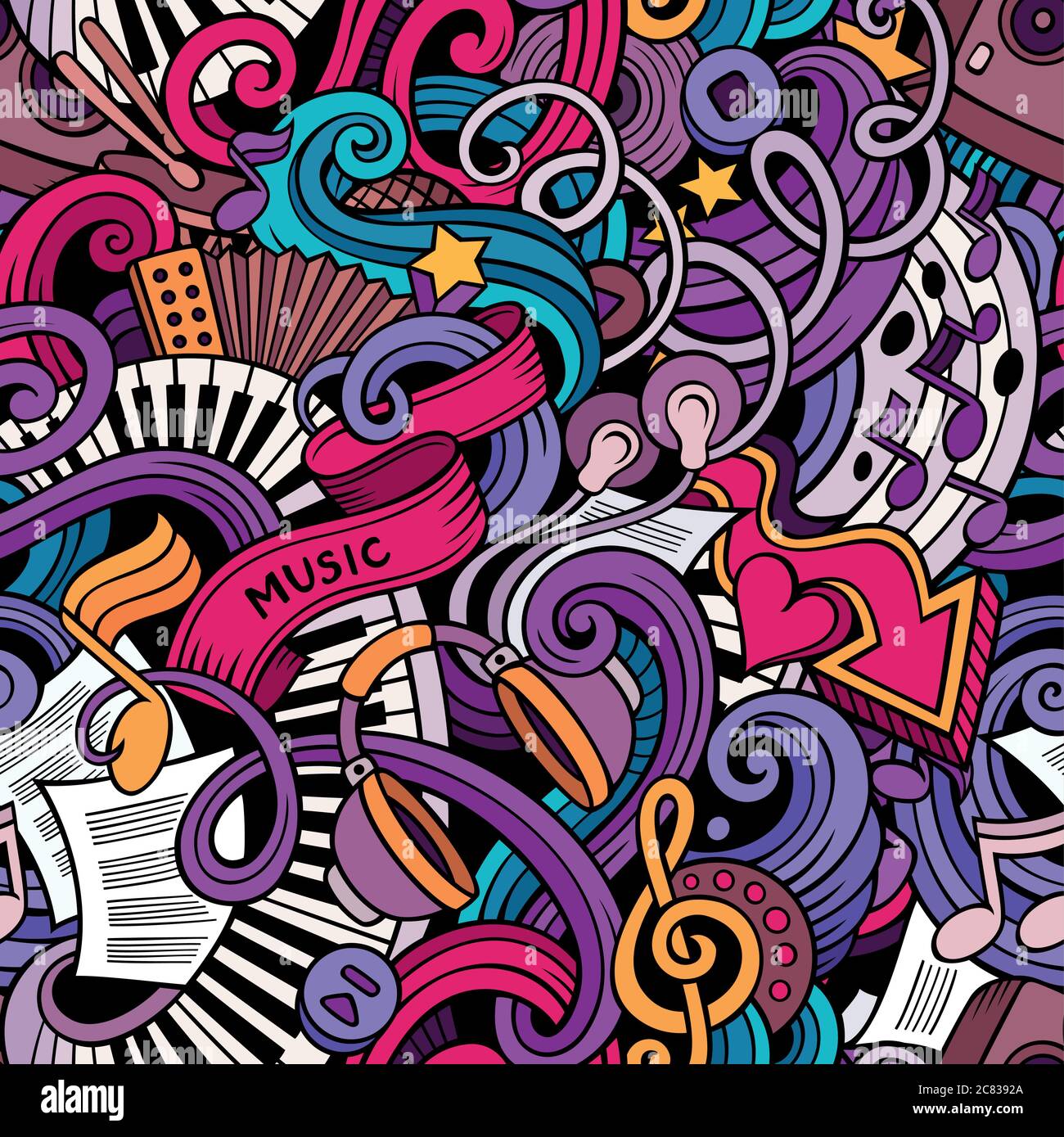 Cartoon hand-drawn doodles music seamless pattern Stock Vector Image ...