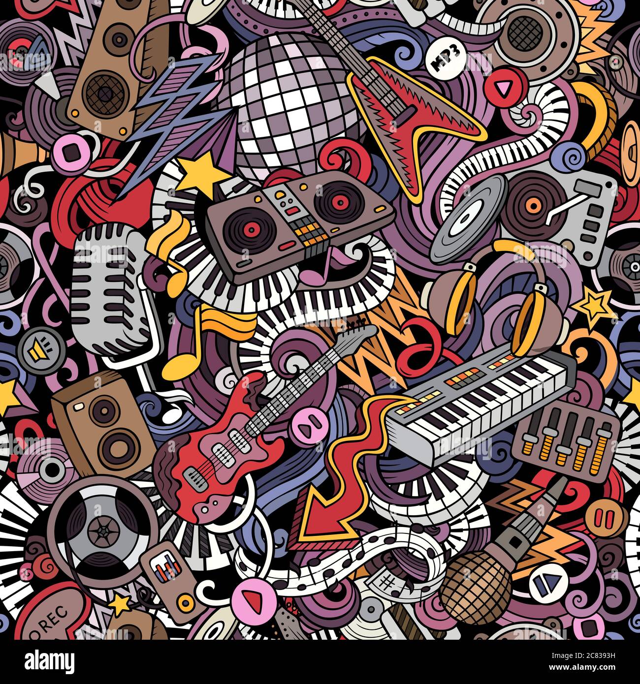 Cartoon cute doodles Disco music seamless pattern Stock Vector Image ...