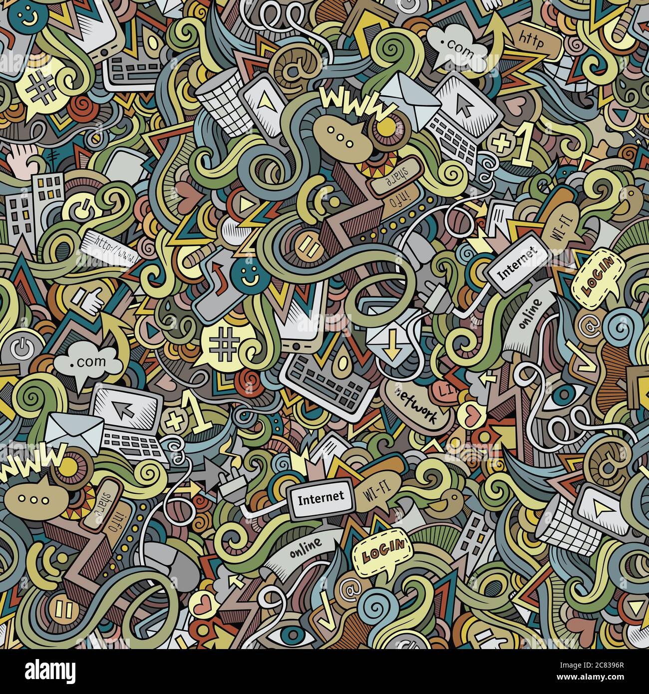 Cartoon hand-drawn doodles Internet social seamless pattern Stock ...