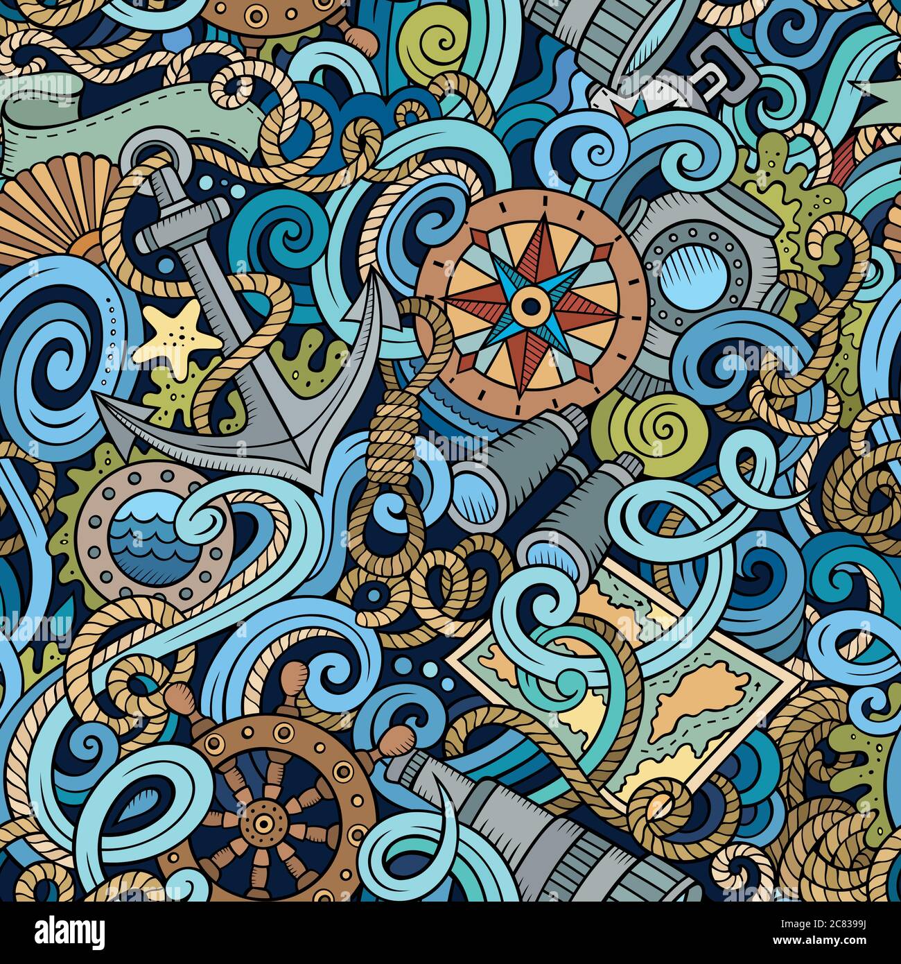 Cartoon hand-drawn nautical doodles seamless pattern Stock Vector Image & Art - Alamy