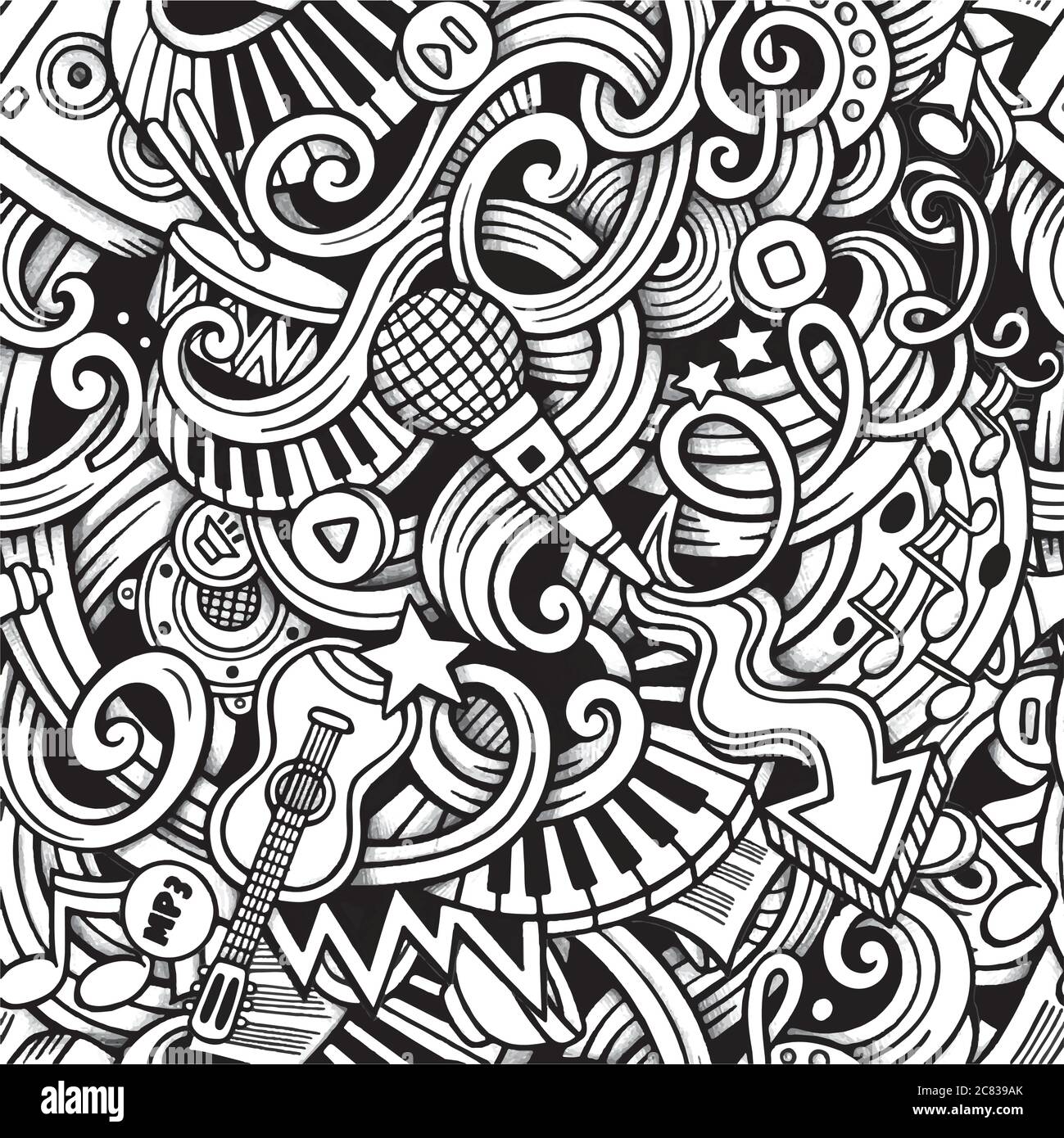 Cartoon hand-drawn doodles music seamless pattern Stock Vector Image ...