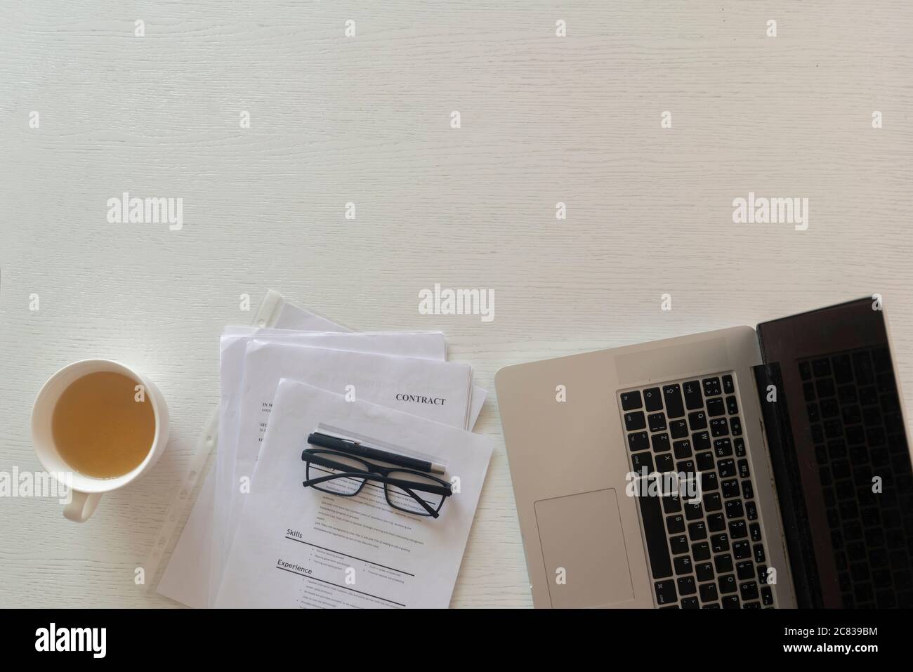 a view from above on minimalist desk table win office, work place with ...