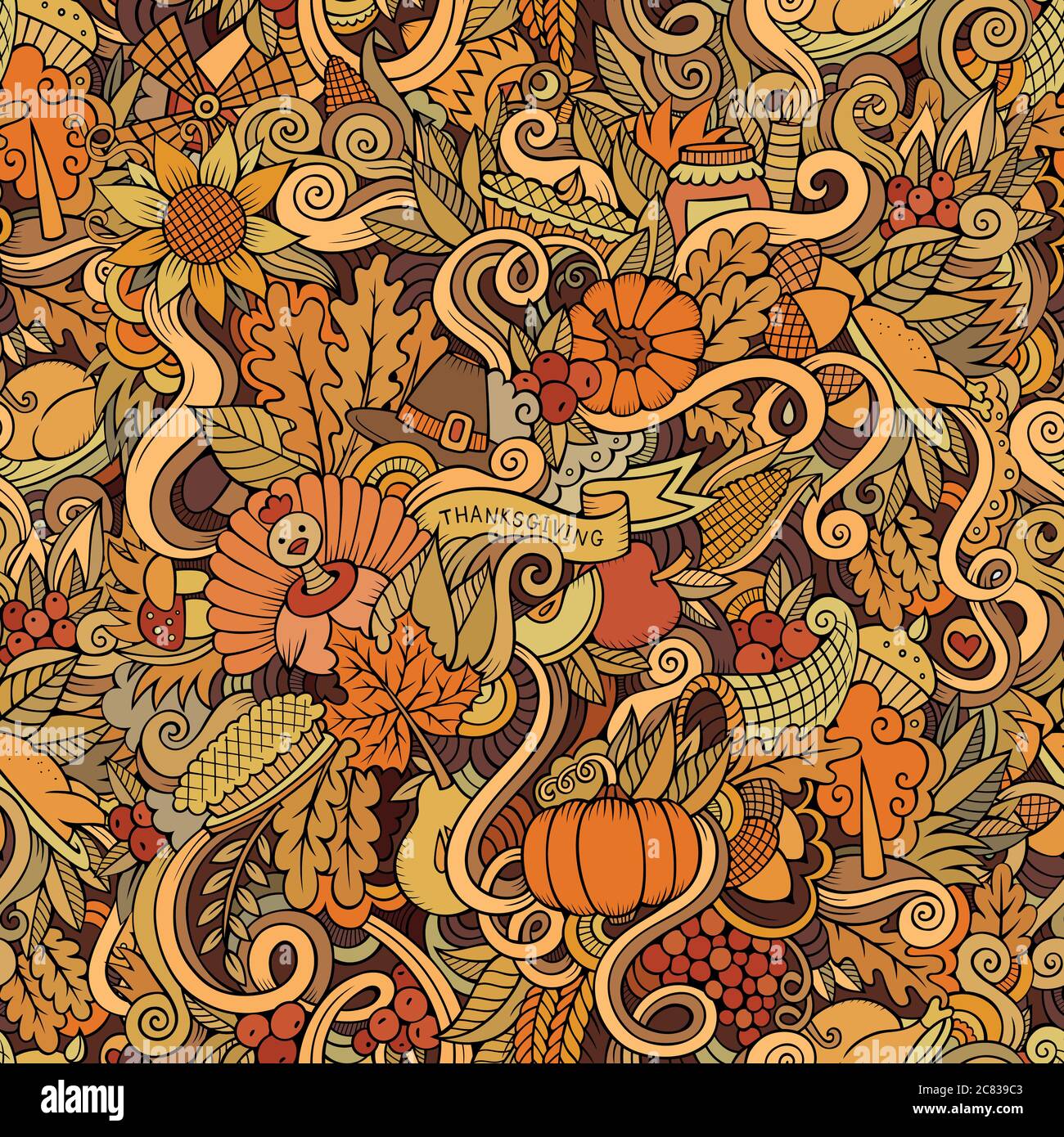 Cartoon vector hand-drawn Doodles on the subject of Thanksgiving Stock ...