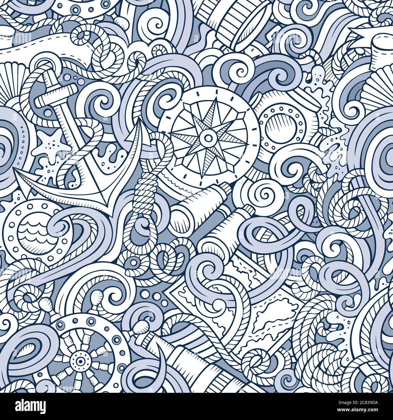 Cartoon hand-drawn nautical doodles seamless pattern Stock Vector Image ...