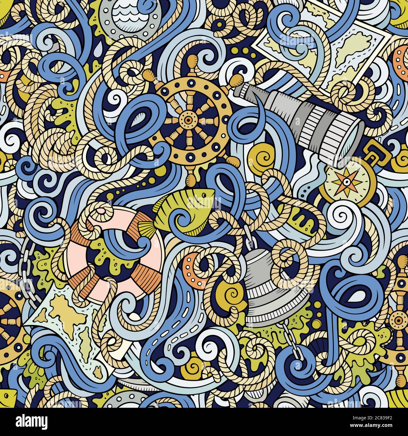 Cartoon hand-drawn nautical doodles seamless pattern Stock Vector Image ...
