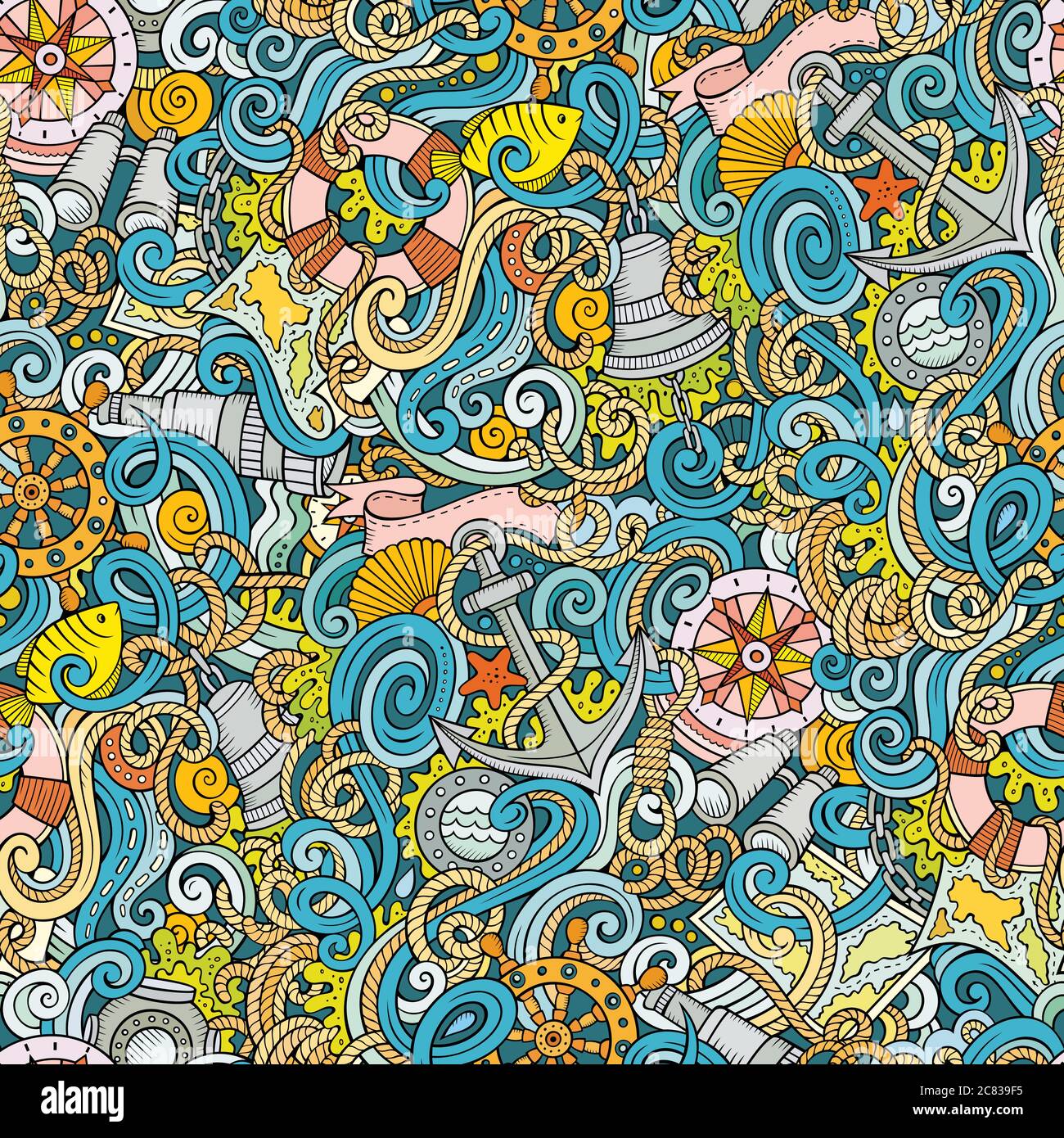 Cartoon hand-drawn nautical doodles seamless pattern Stock Vector Image ...