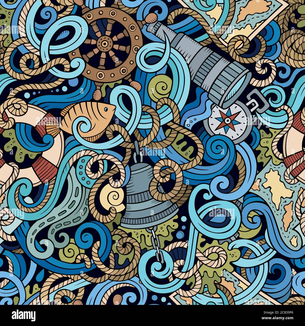 Cartoon hand-drawn nautical doodles seamless pattern Stock Vector Image ...