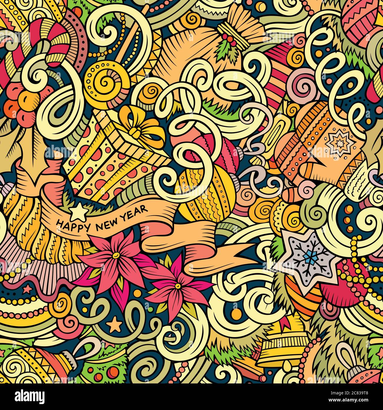 Cartoon cute doodles New Year seamless pattern Stock Vector Image & Art ...