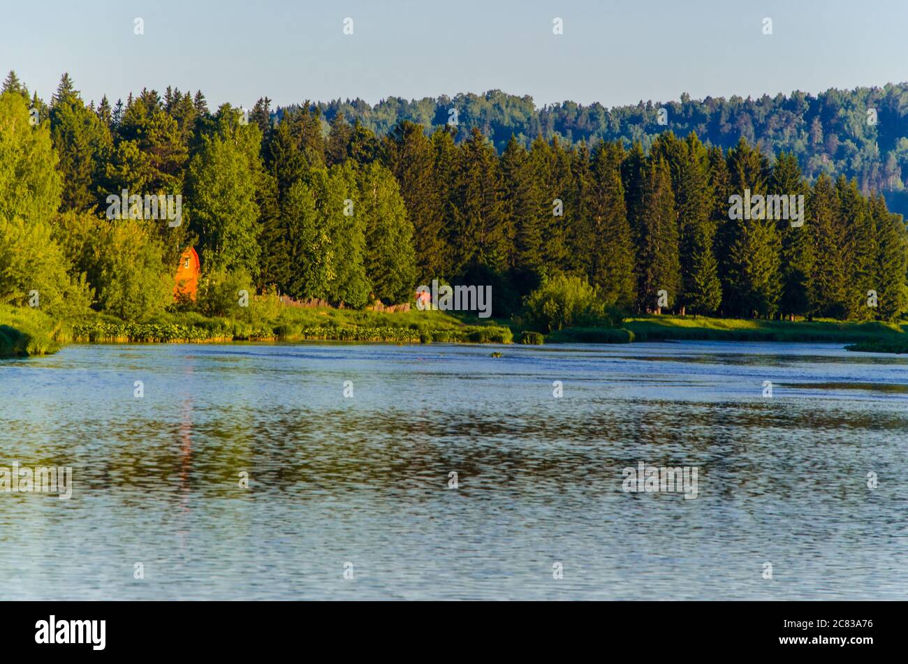 houses on the beach. Rural river in the early morning Stock Photo - Alamy