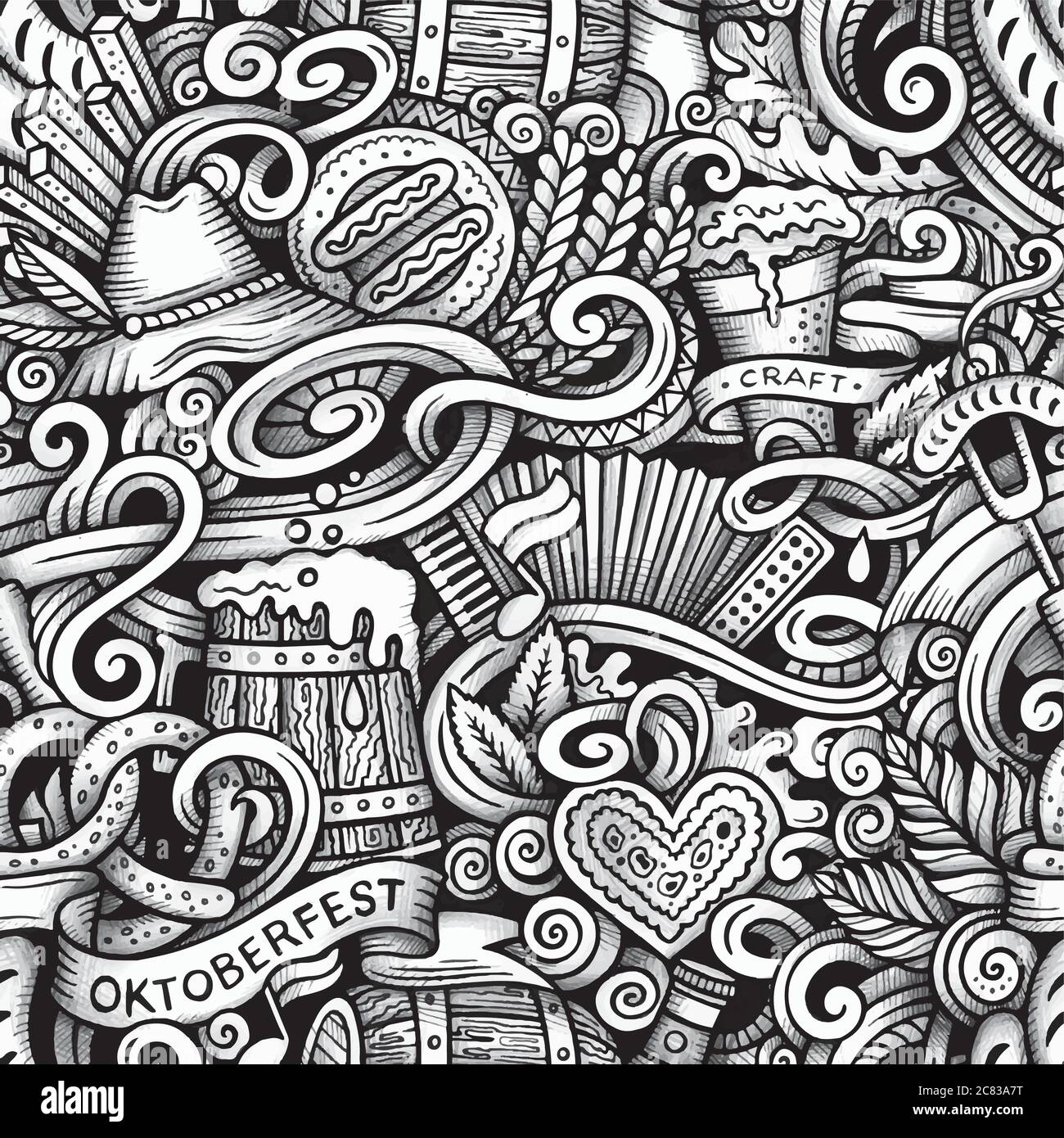 Cartoon hand-drawn doodles Octoberfest seamless pattern Stock Vector ...