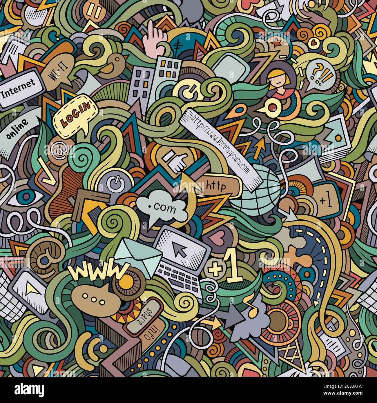 Cartoon hand-drawn doodles Internet social seamless pattern Stock ...