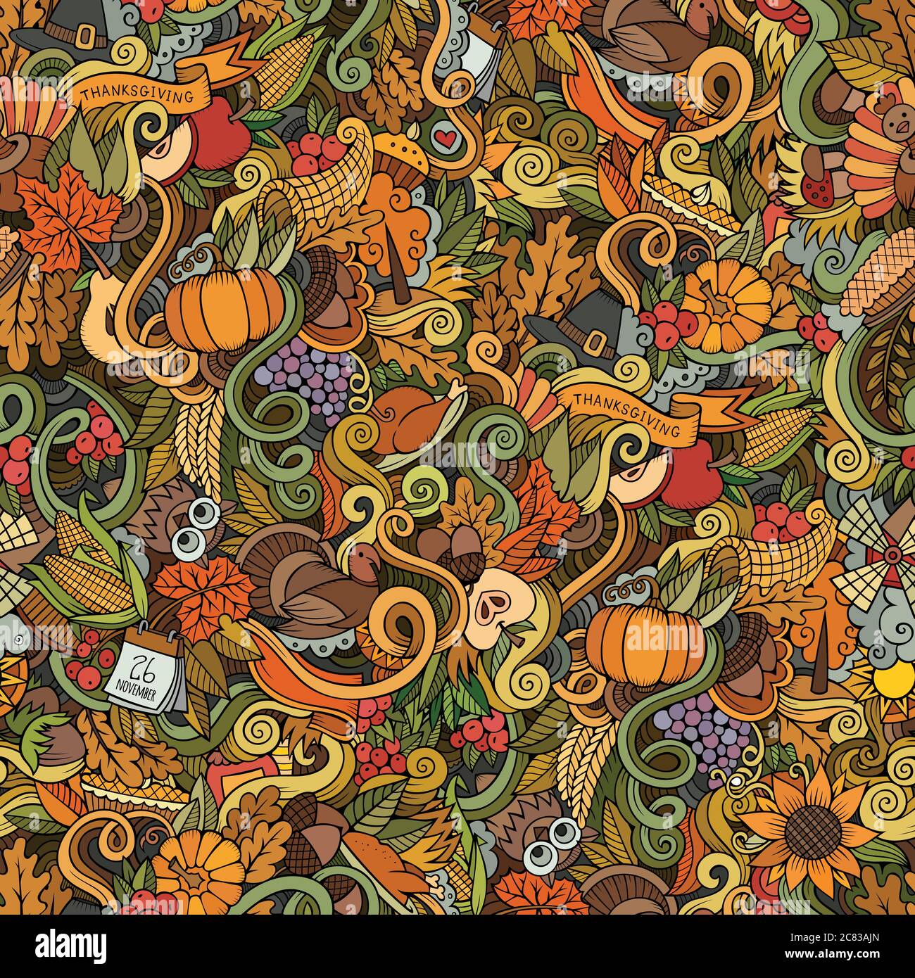 Cartoon vector hand-drawn Doodles on the subject of Thanksgiving Stock ...